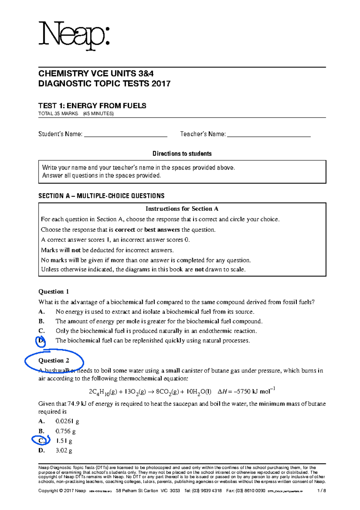 Chemistry U3&4 TEST 1 Energy from fuels 2017 - Copy - CHEMISTRY VCE ...