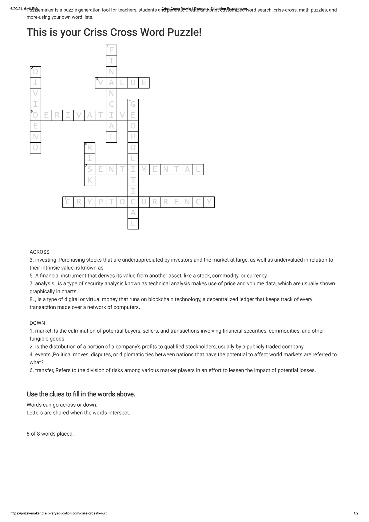 Criss Cross Puzzle Discovery Education Puzzlemaker - Puzzlemaker is a ...