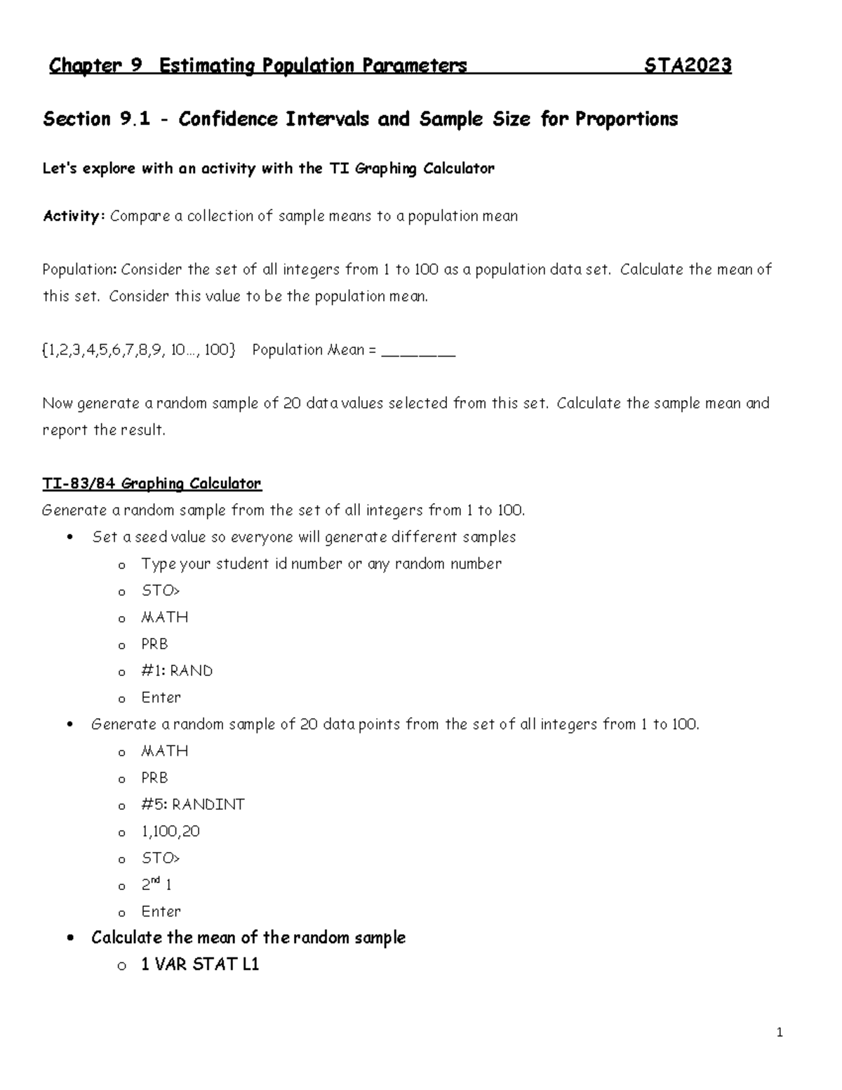 Chapter 9.1 Lecture Notes - Chapter 9 Estimating Population Parameters ...