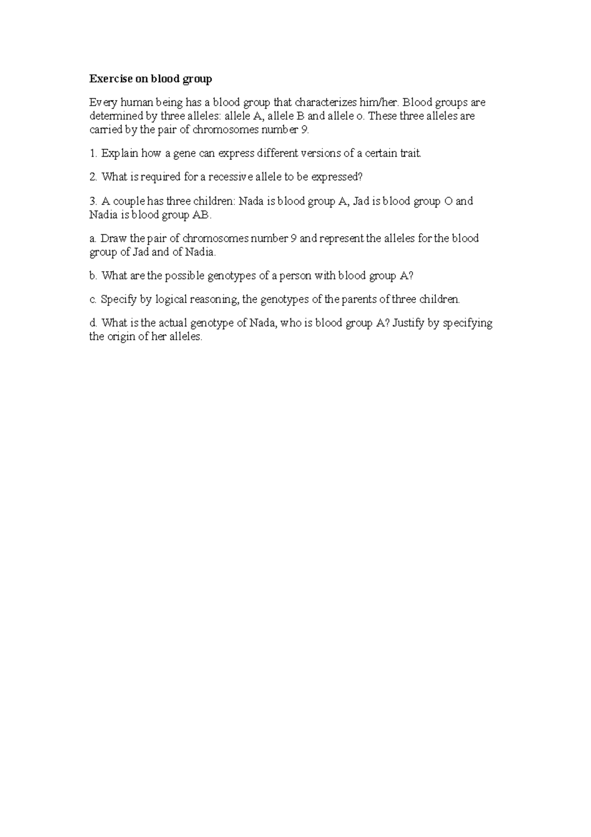 Exercise on blood group - Exercise on blood group Every human being has ...