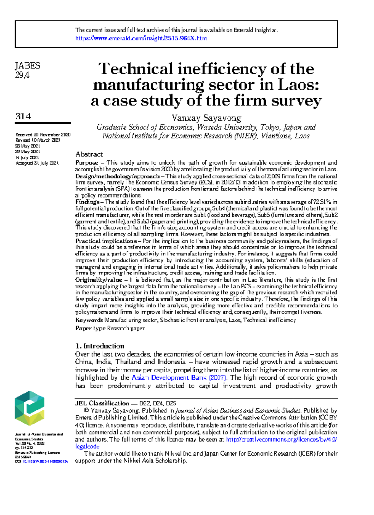 Technical inefficiency of the manufacturing sector in Laos a case study ...