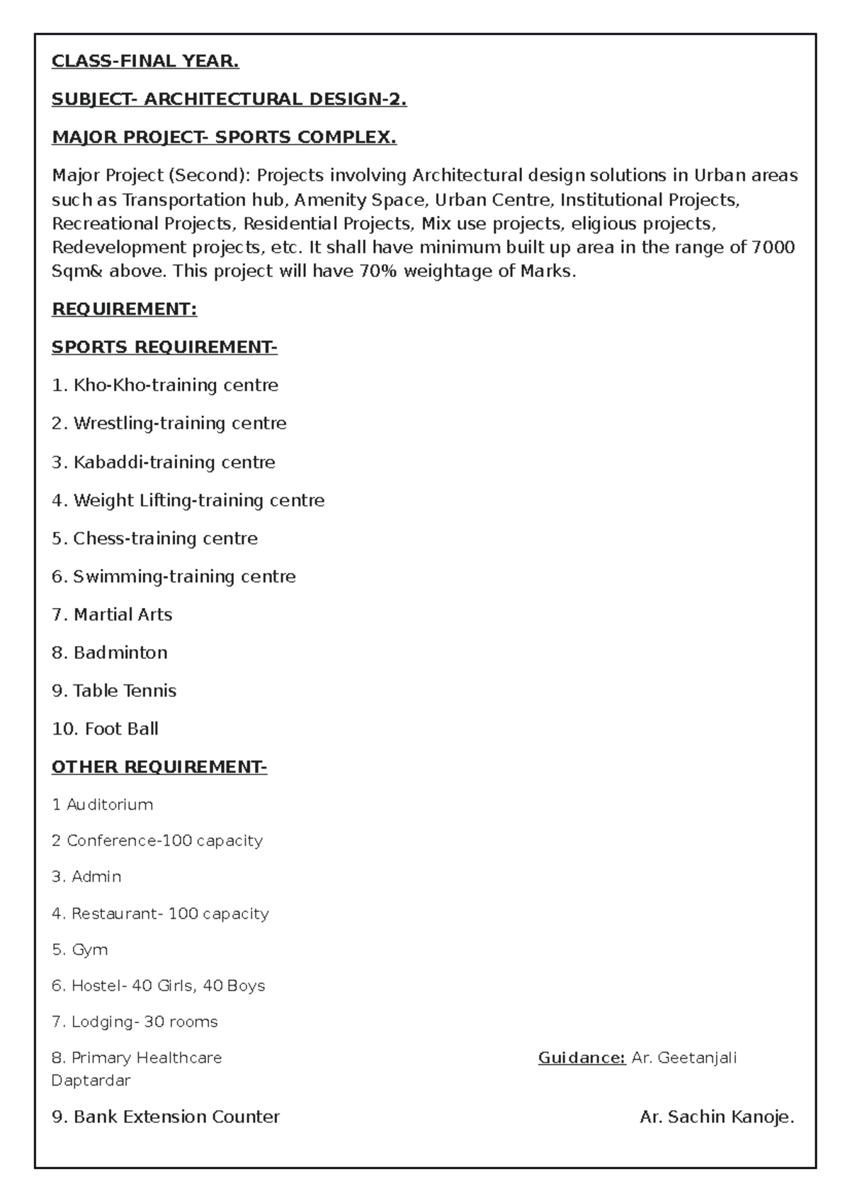 Sports complex - CLASS-FINAL YEAR. SUBJECT- ARCHITECTURAL DESIGN-2 ...