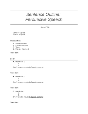 Persuasive Speech Ouline Example Topical Outline PDF - Name: General ...
