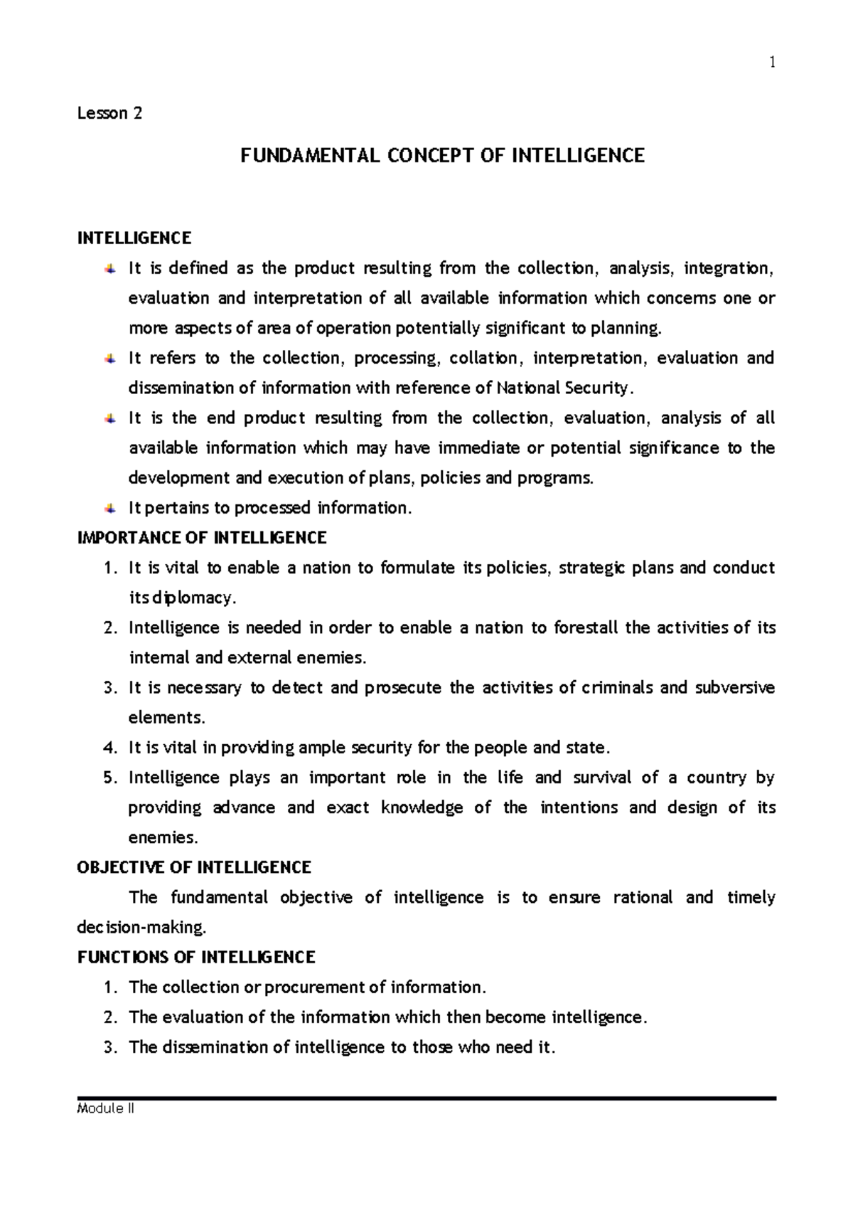Module 2 Lesson 2 FII - Summaries - Lesson 2 INTELLIGENCE It is defined ...