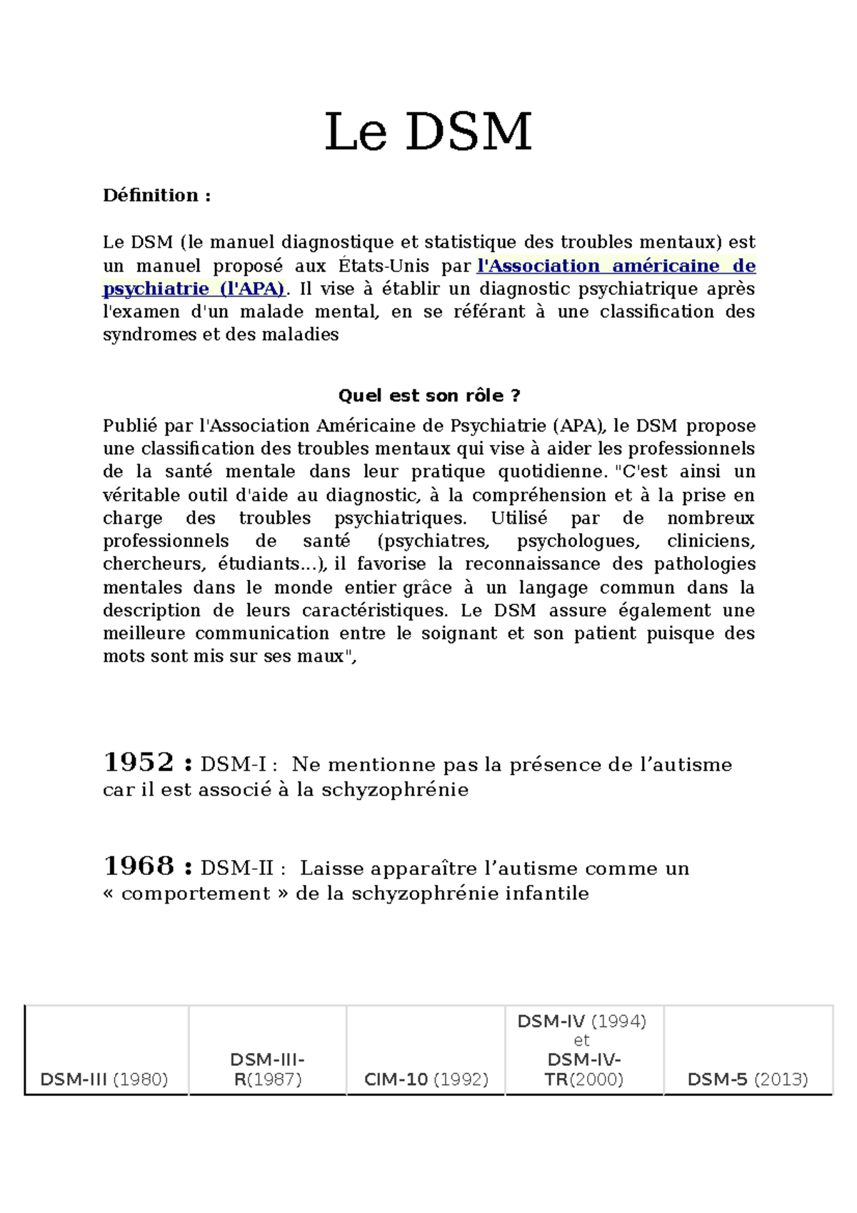 DSM - ce document rend compte de l'évolution du DSM sur les troubles ...