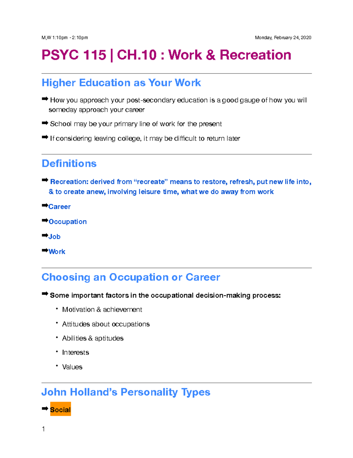 PSYC 115 - CH.10 In-class Notes - PSYC 115 | CH : Work & Recreation ...