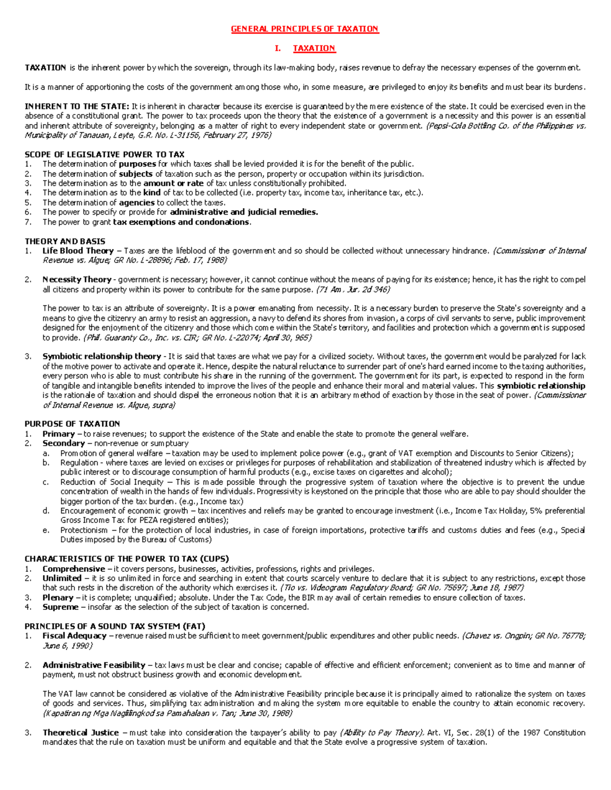 1 - escra mami - GENERAL PRINCIPLES OF TAXATION I. TAXATION TAXATION is ...