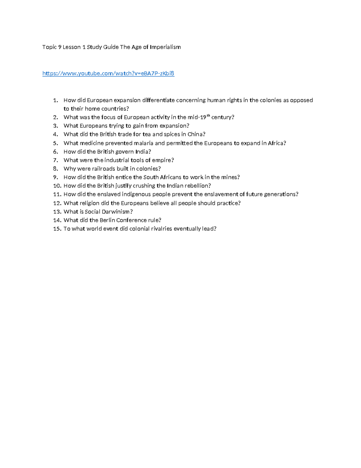 Topic 9 Lesson 1 Study Guide The Age of Imperialism - Topic 9 Lesson 1 ...