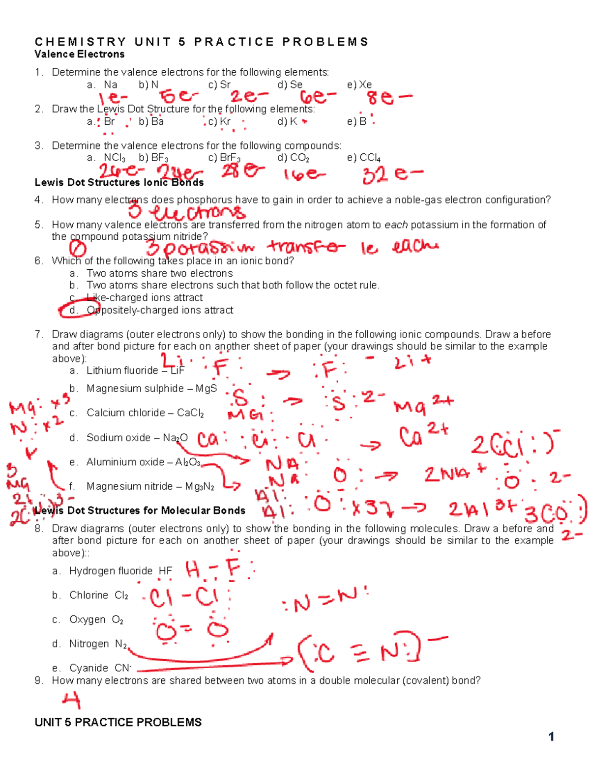 Unit05 Practice - Valence Electrons Determine the valence electrons for ...