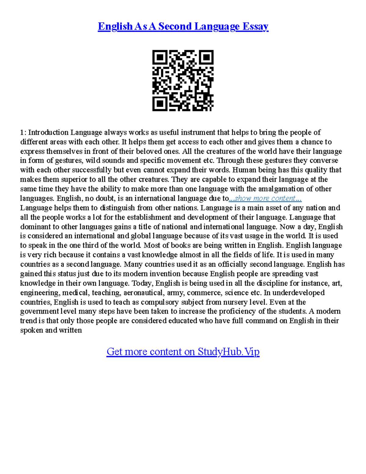 An Essay On English Language - English As A Second Language Essay 1 ...