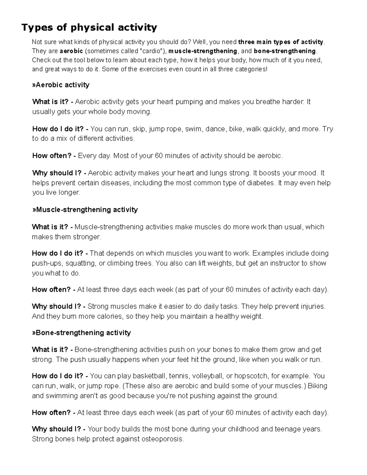 Physical Activity - Its an assignment and here are the answers - Types ...