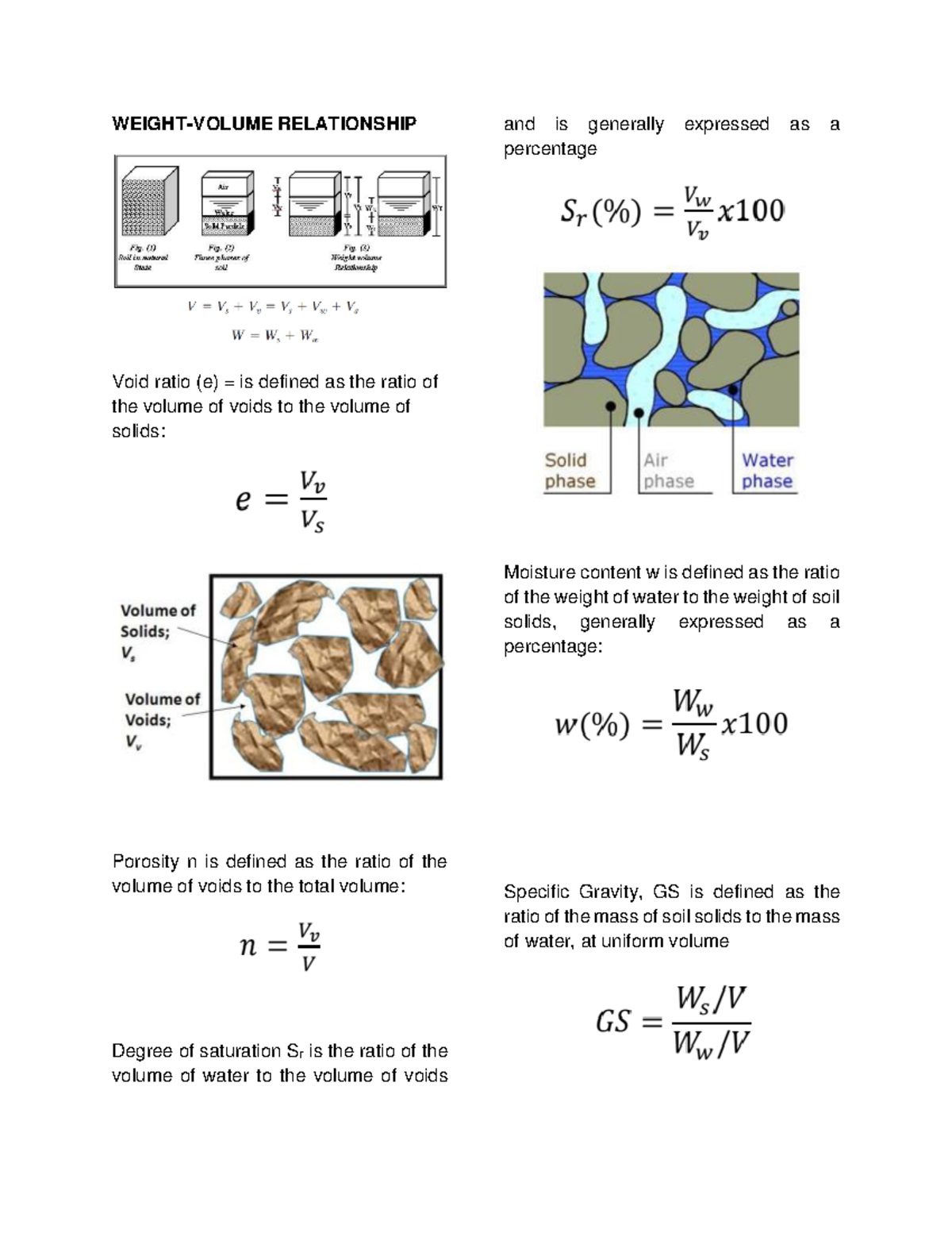 Weight- Volume Relationship - WEIGHT-VOLUME RELATIONSHIP Void ratio (e ...