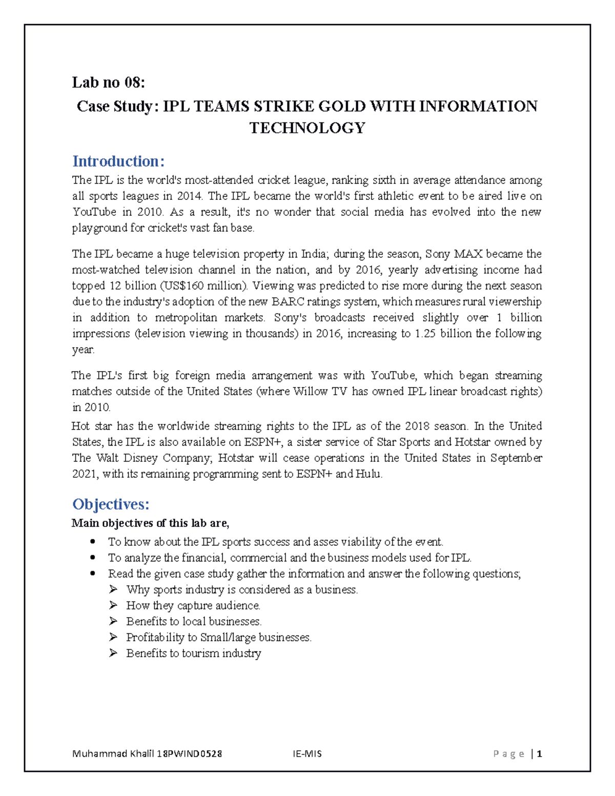 MIS Lab 08 - Teacher Lecture - Lab no 08: Case Study: IPL TEAMS STRIKE ...