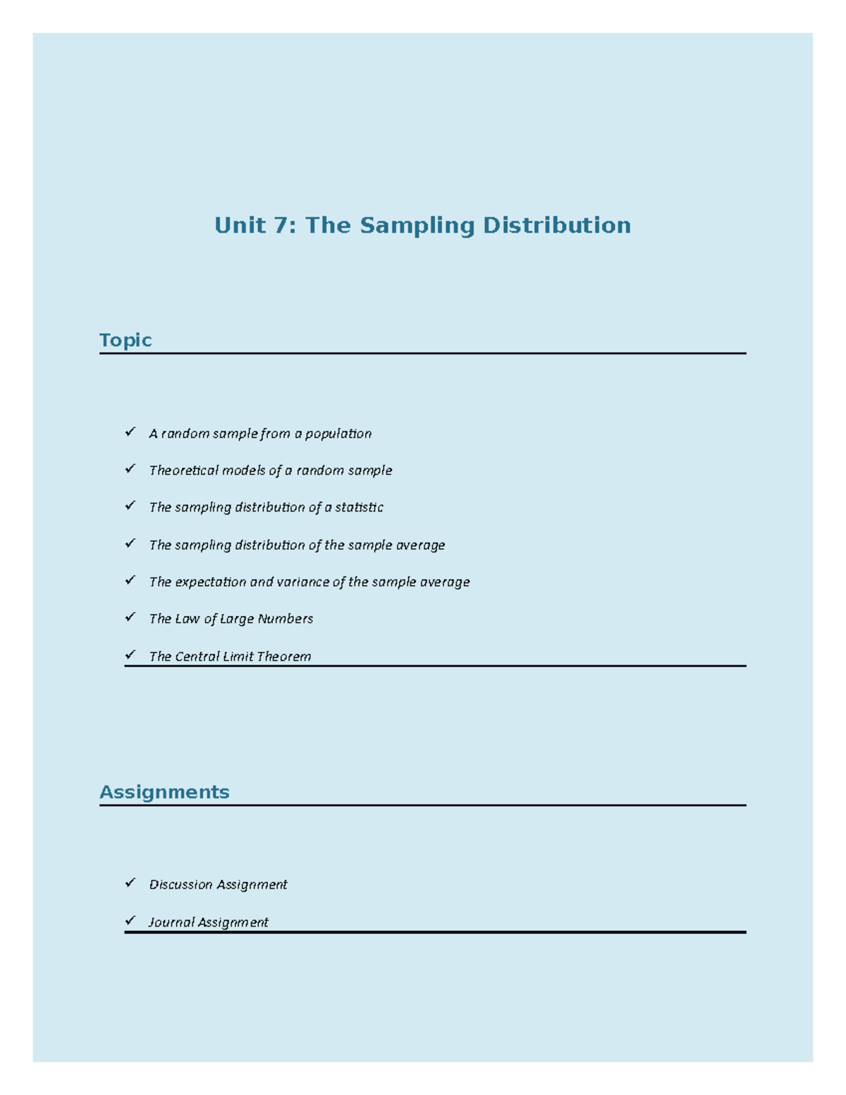 MATH 1280 Unit 7 Assignments - Unit 7: The Sampling Distribution Topic ...