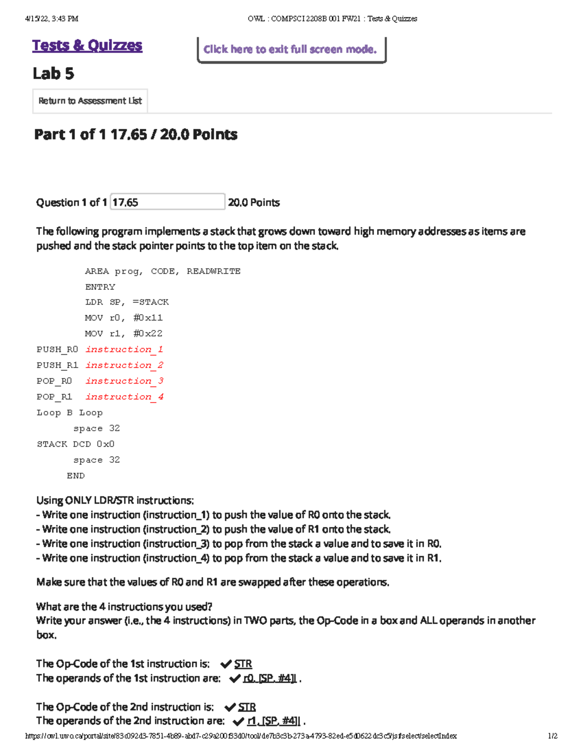 Lab5 - da answers and shii - 4/15/22, 3:43 PM OWL : COMPSCI 2208B 001 ...