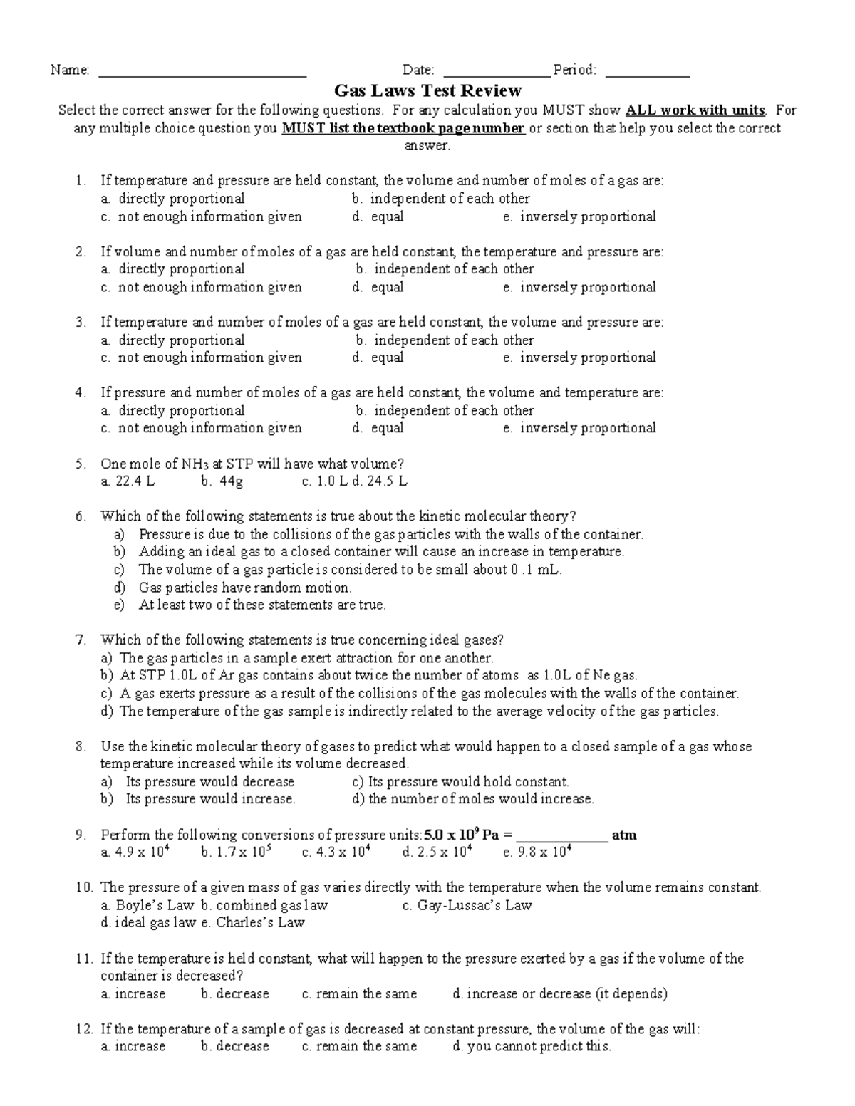 Gas Laws Test Review - Name: ___________________________ Date ...