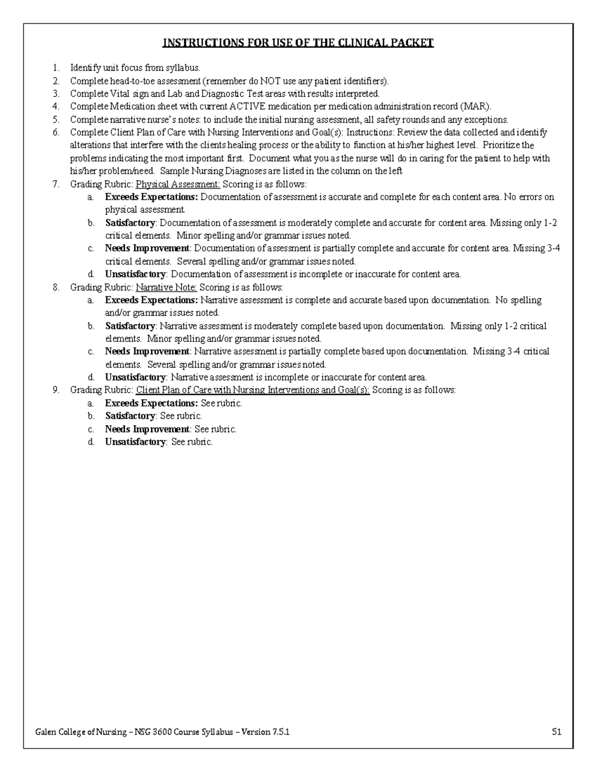 NSG 3600 Clinical Packet DONE - INSTRUCTIONS FOR USE OF THE CLINICAL ...