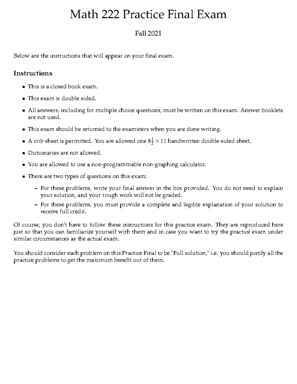 Practice-final - Practice final - Math 222 Practice Final Exam Fall ...