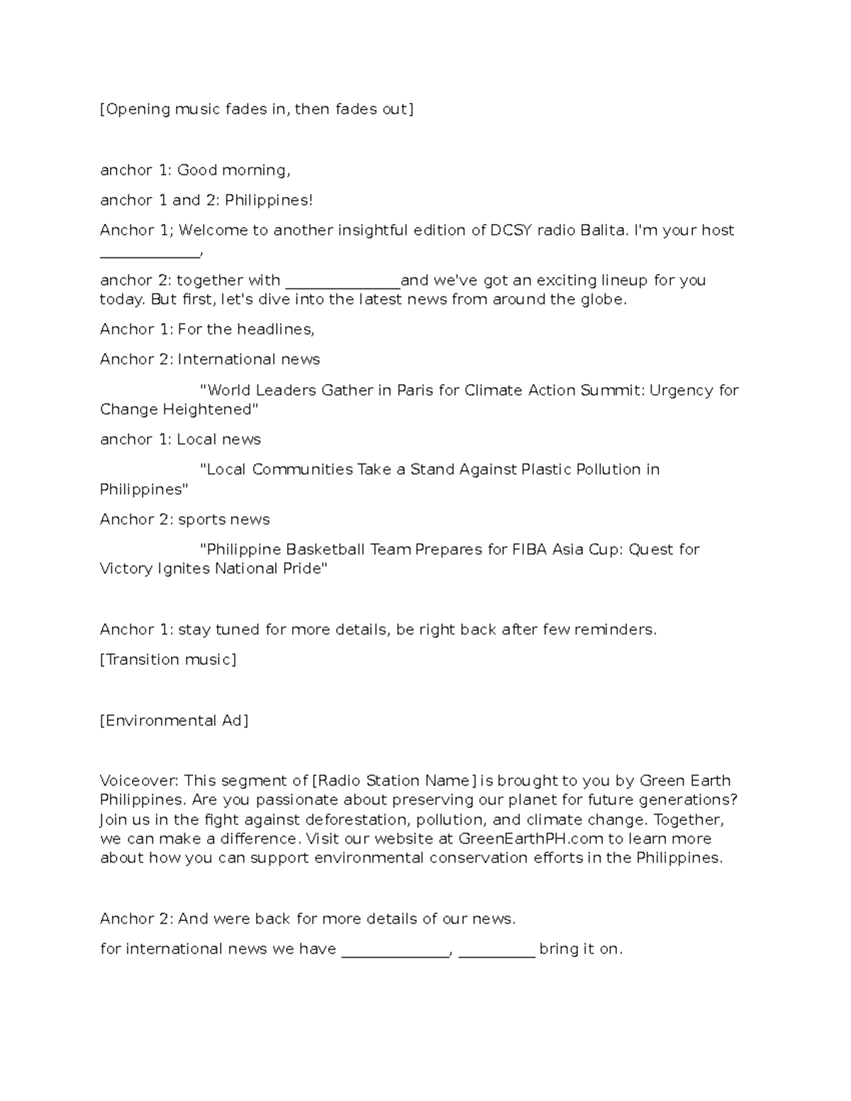 Radio- Broadcasting- Script - [Opening music fades in, then fades out ...