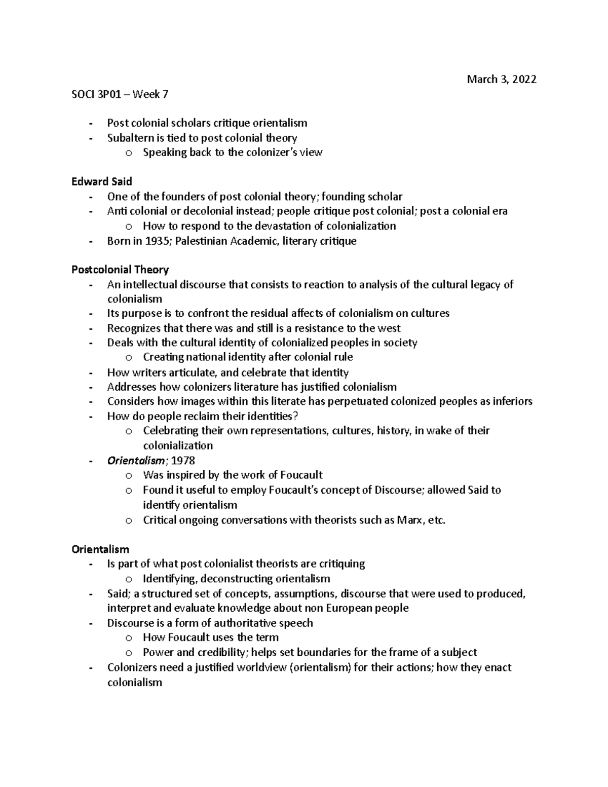 Week 7 - Lecture notes. - March 3, 2022 SOCI 3P01 – Week 7 Post ...
