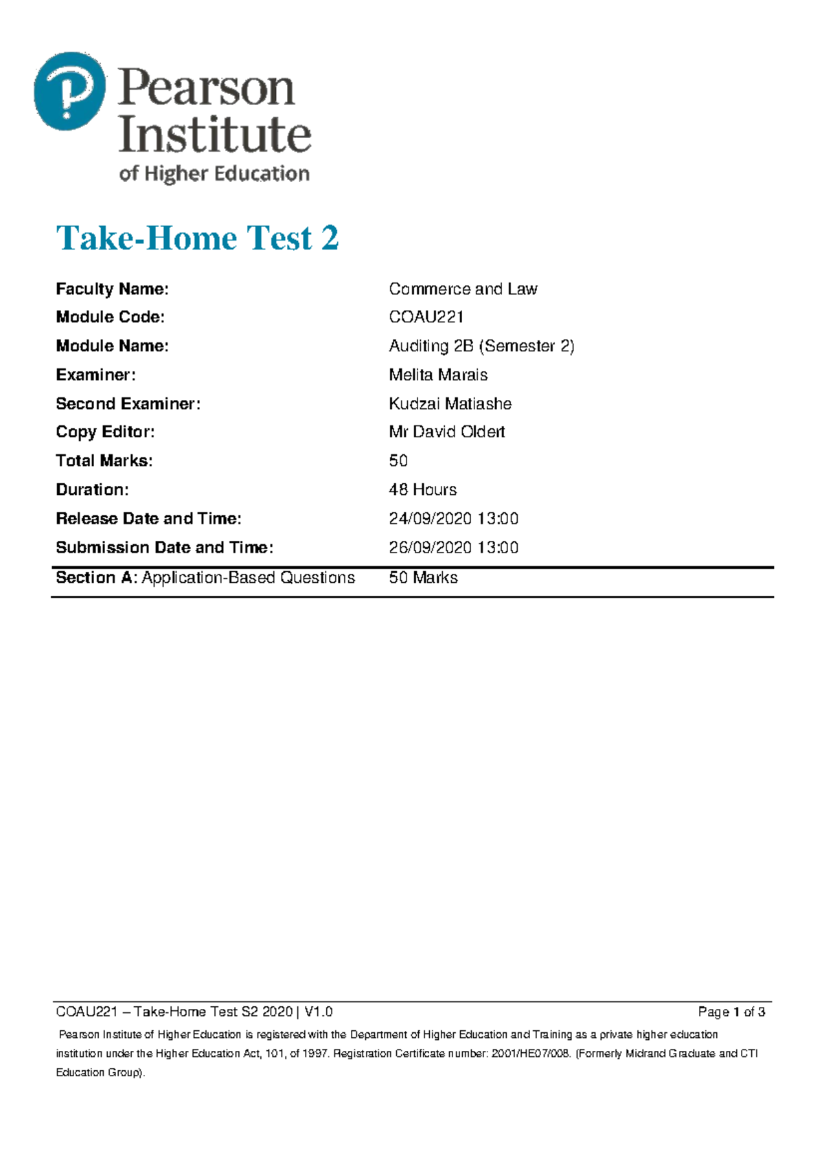 COAU221 - Take Home Test 2 - S2 2020 (V1 - Take-Home Test 2 Faculty ...