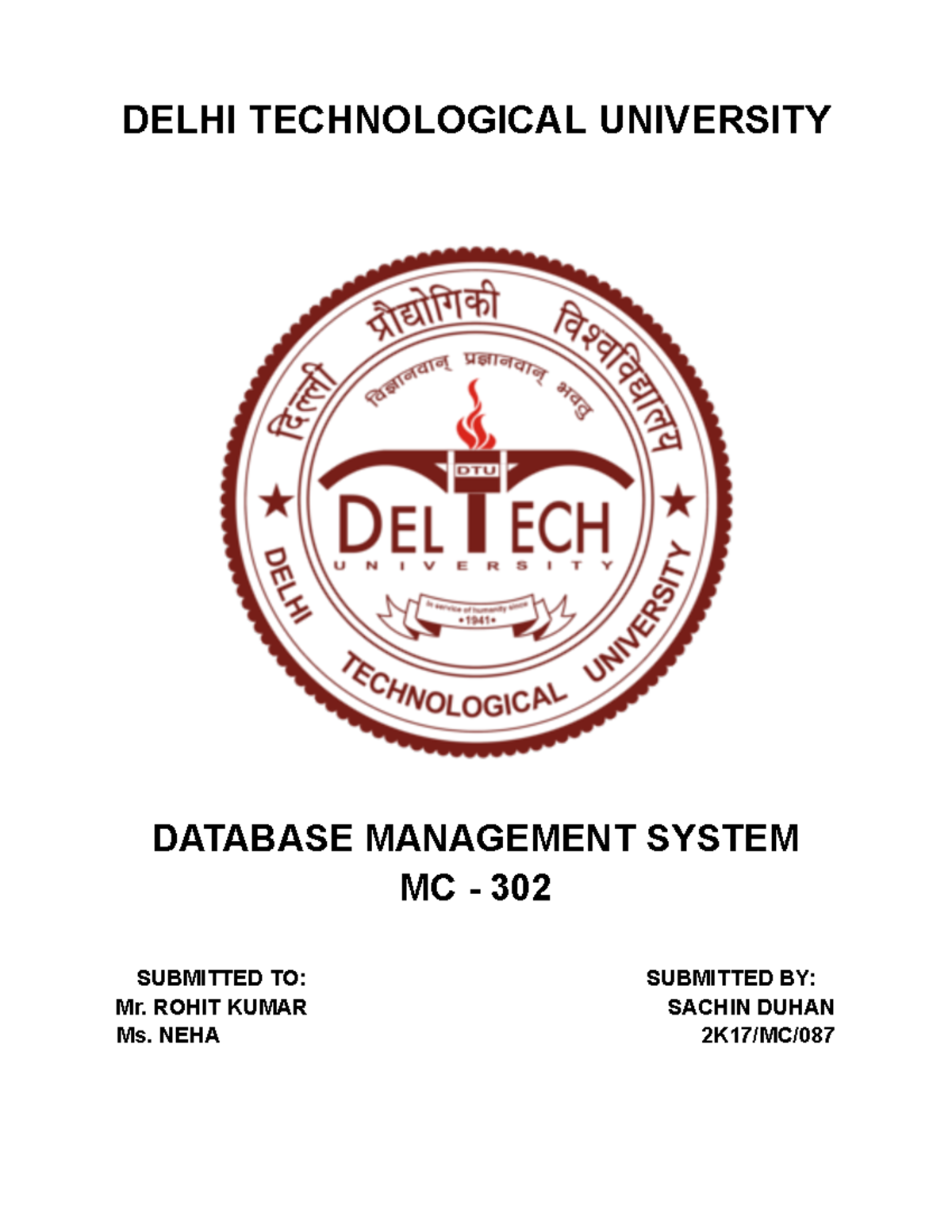 Pratical File Database Management System Delhi Technological University Database Management