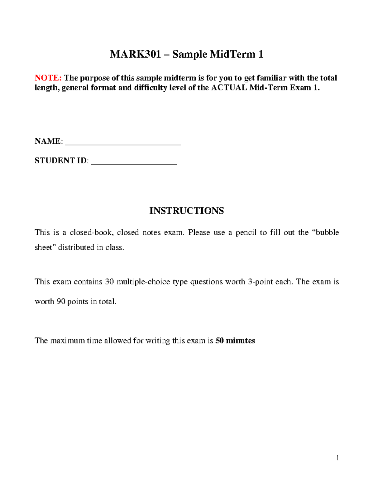 MARK 301 Sample Midterm 1 - MARK301 – Sample MidTerm 1 NOTE: The ...