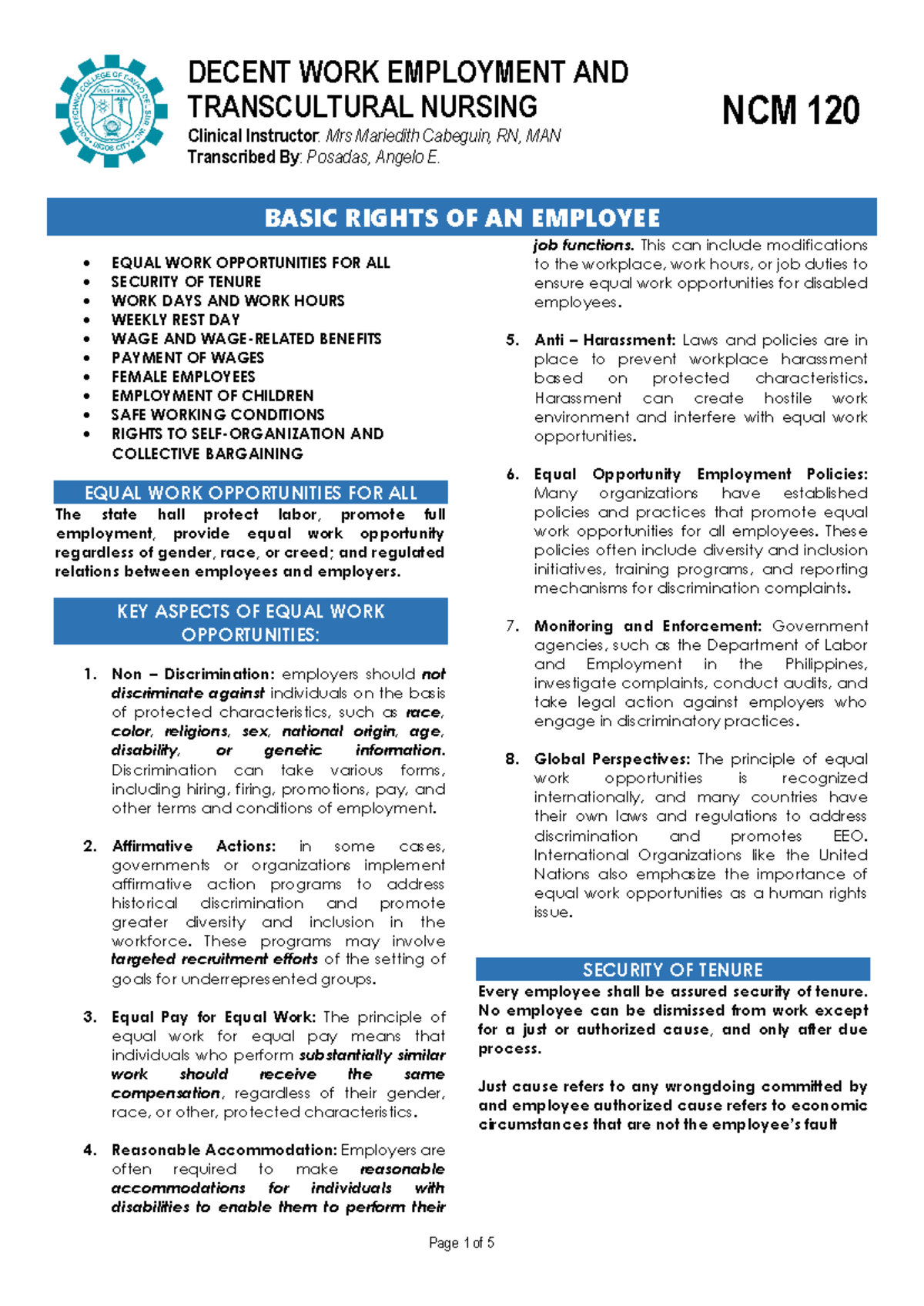 Basic Rights OF AN Employee - BASIC RIGHTS OF AN EMPLOYEE EQUAL WORK ...