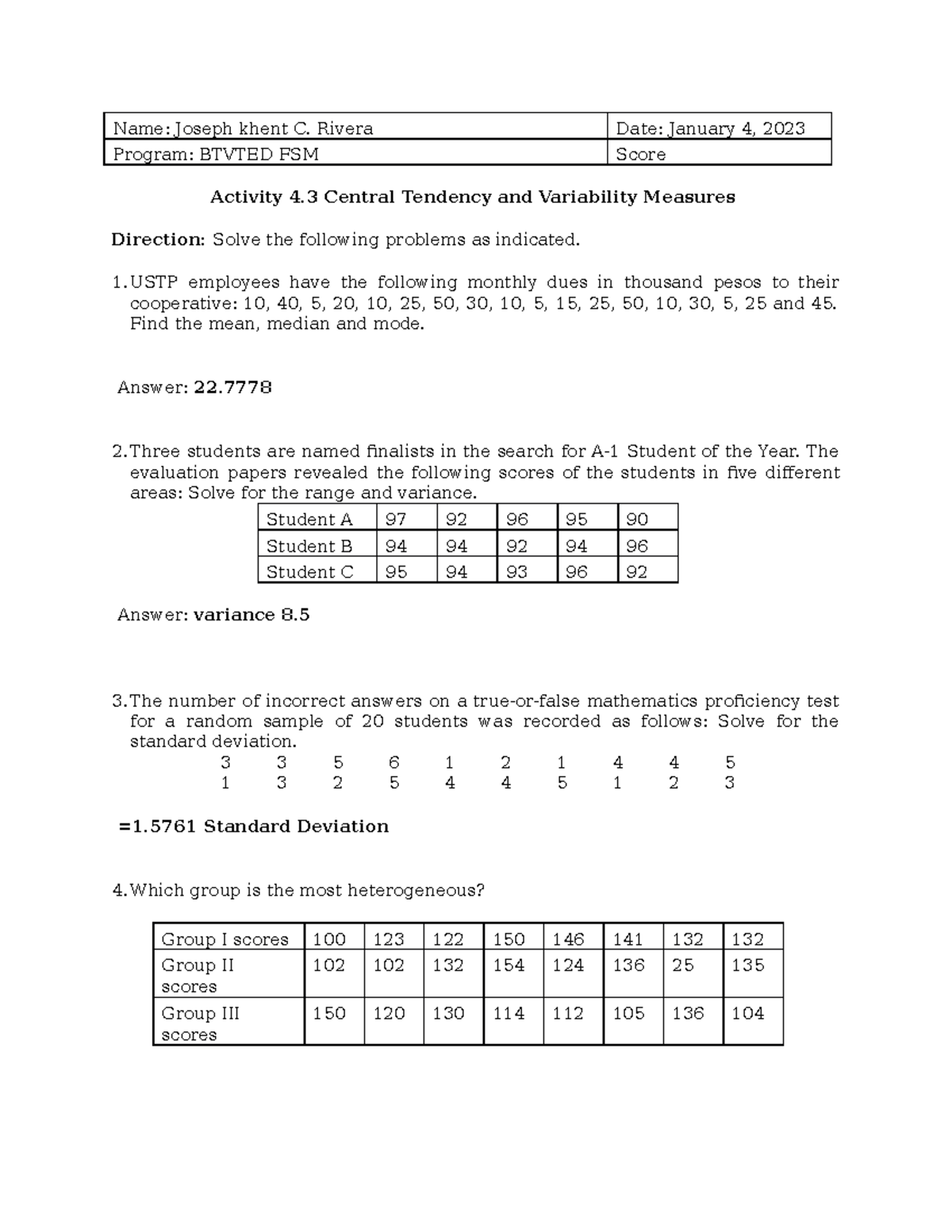 Activity 4.3 Central Tendency and Variability Measures - Name: Joseph ...