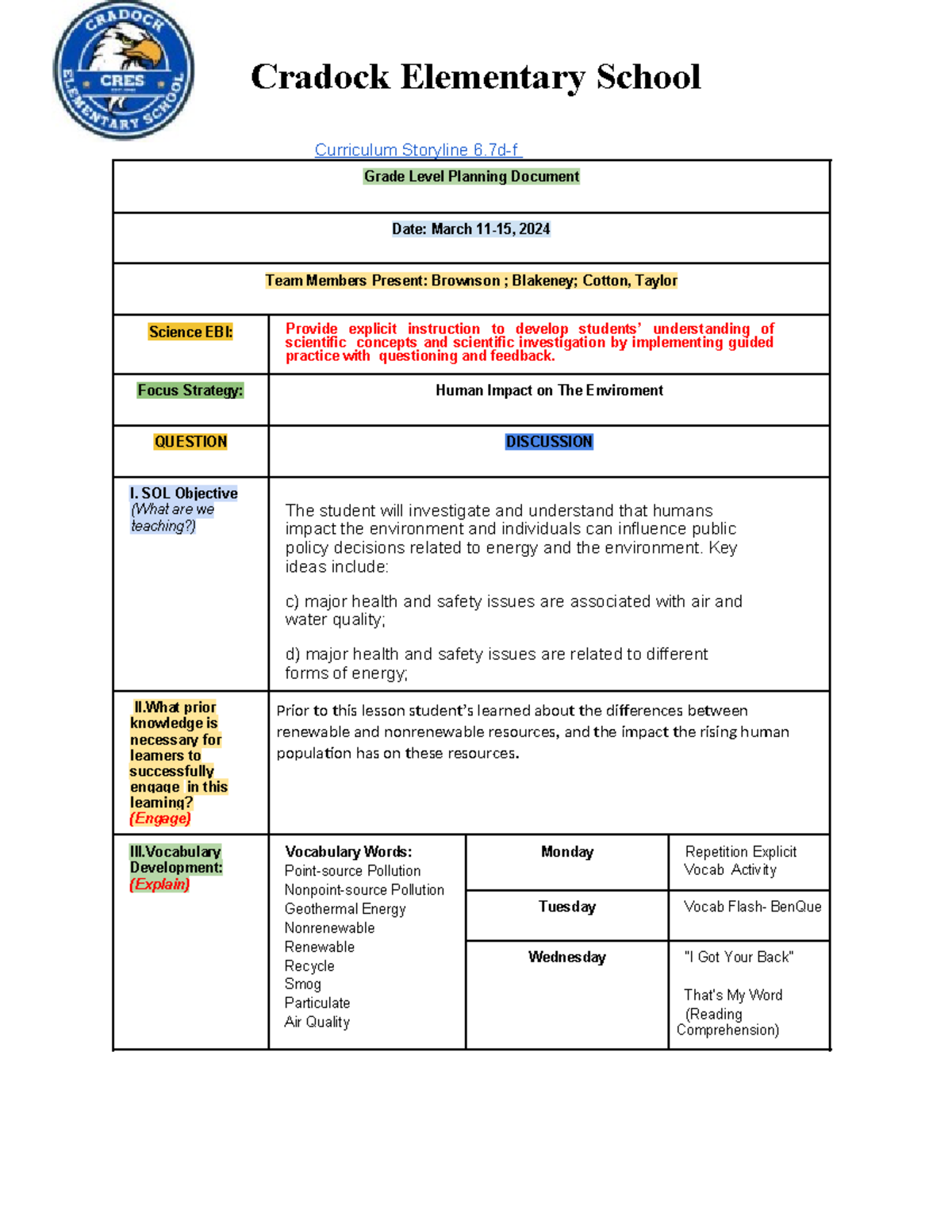 Week 28 Science Level Planning - Cradock Elementary School Curriculum ...