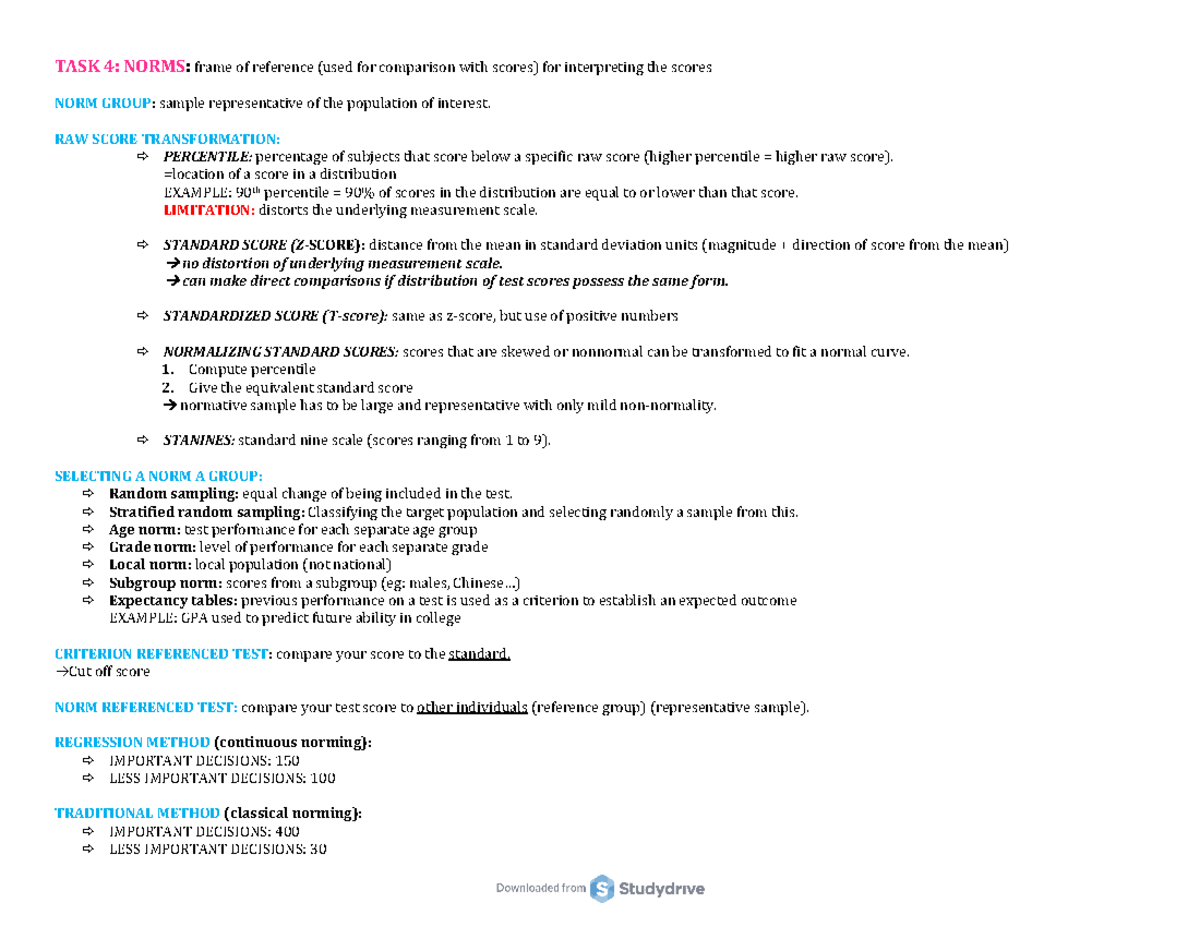 TASK 4 Overview - TASK 4: NORMS: frame of reference (used for comparison with scores) for - Studocu