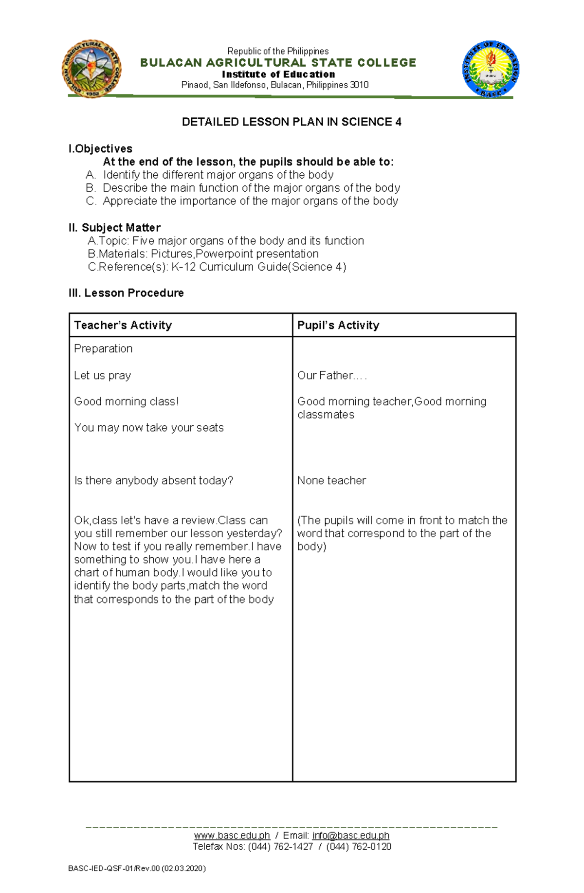 Detailed Lesson Plan in Science Grade 4 - BULACAN AGRICULTURAL STATE ...