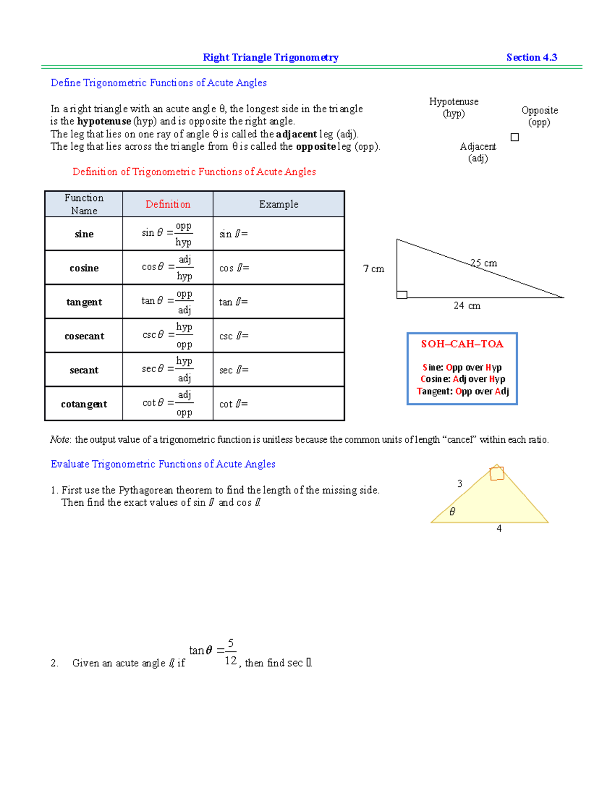 PC LEC 4.3 Right Triangle Trigonometry - Opposite (opp) Adjacent (adj ...