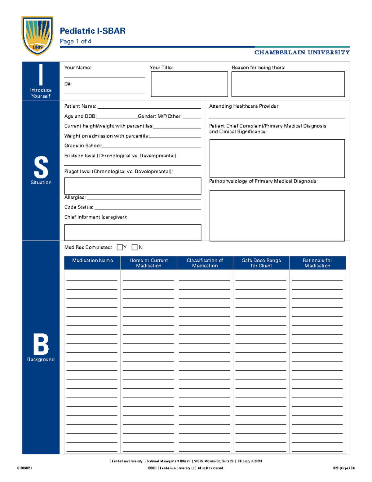 Pediatric I-SBAR peds - sbar - ####### Chamberlain University ...