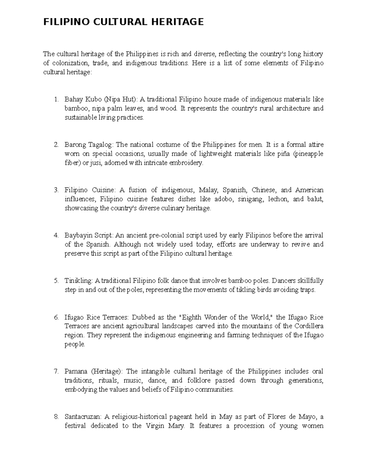 Filipino Cultural Heritage 1 - FILIPINO CULTURAL HERITAGE The cultural ...