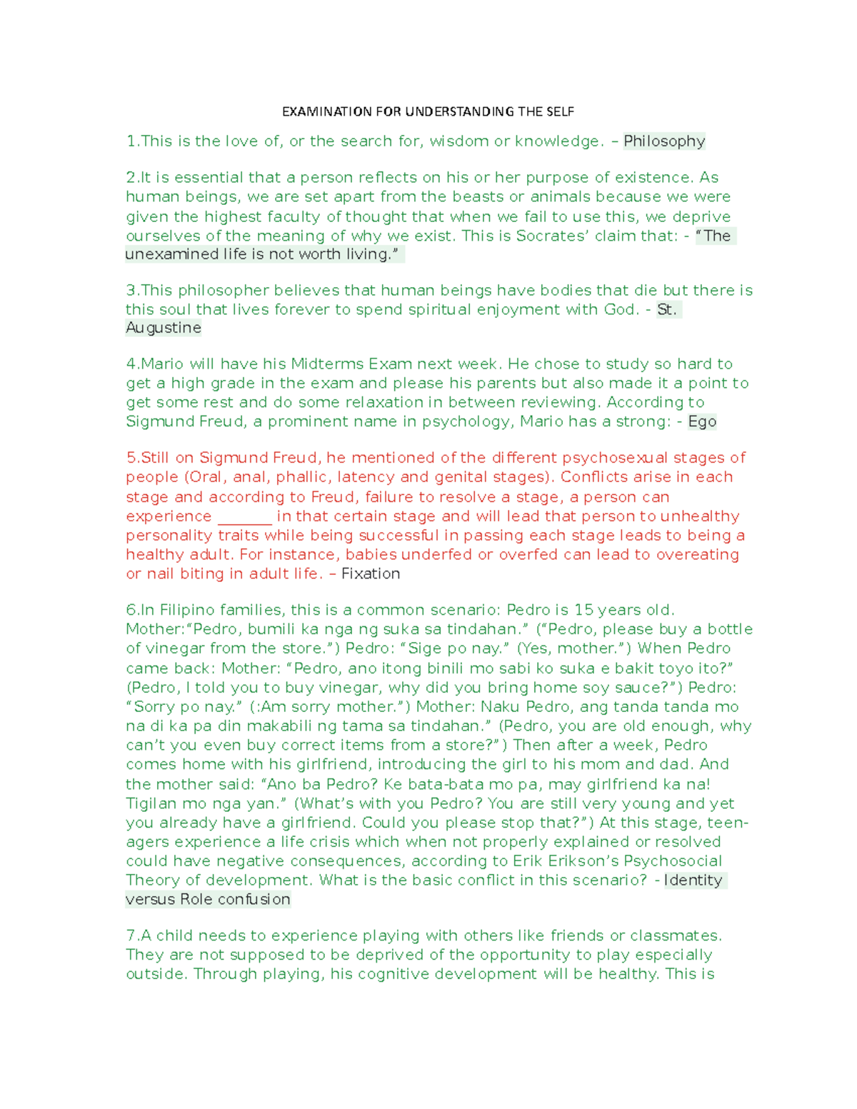 Examination FOR Understanding THE SELF - EXAMINATION FOR UNDERSTANDING ...