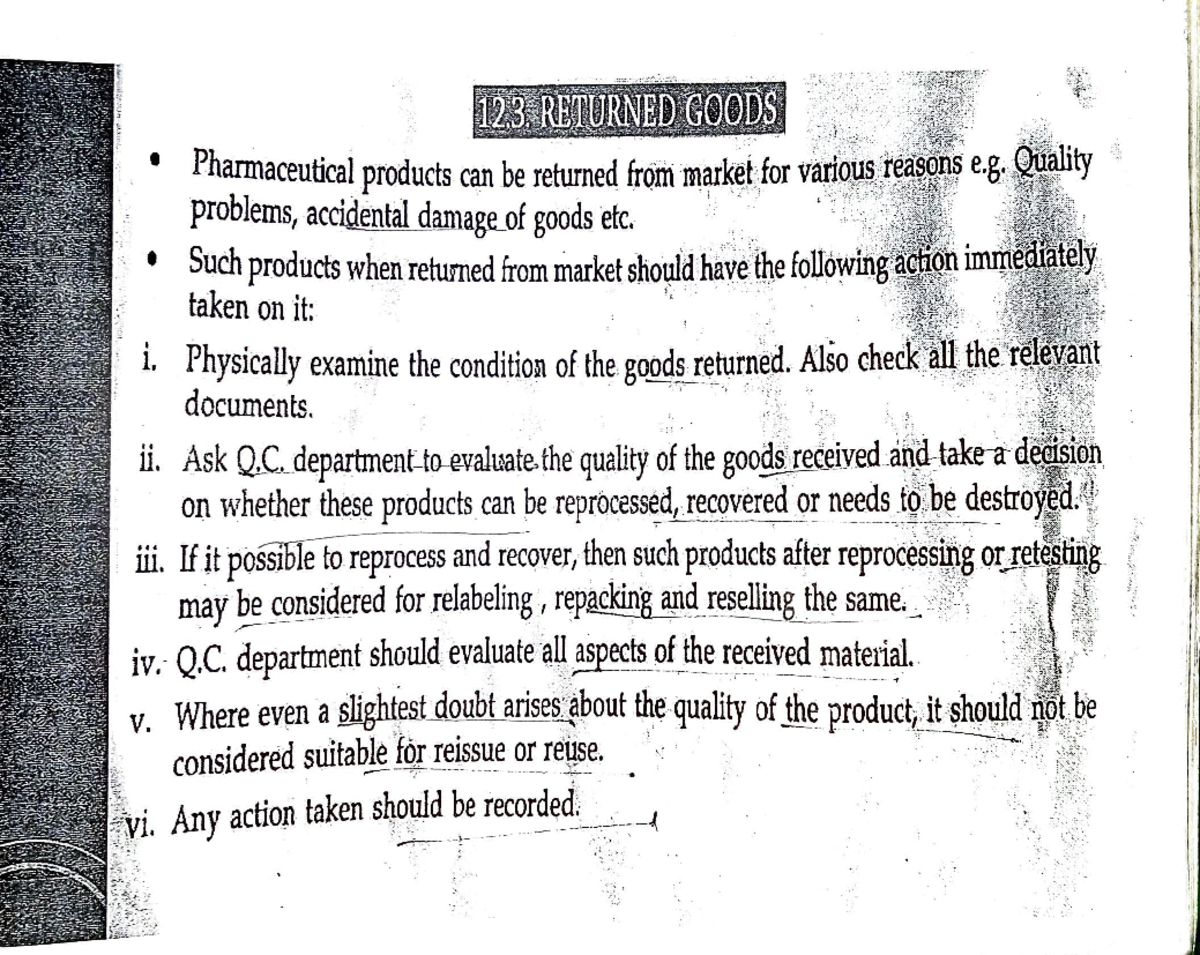 Handling of Returned Goods - 123 RETURNED GOODS narmaceutical products ...