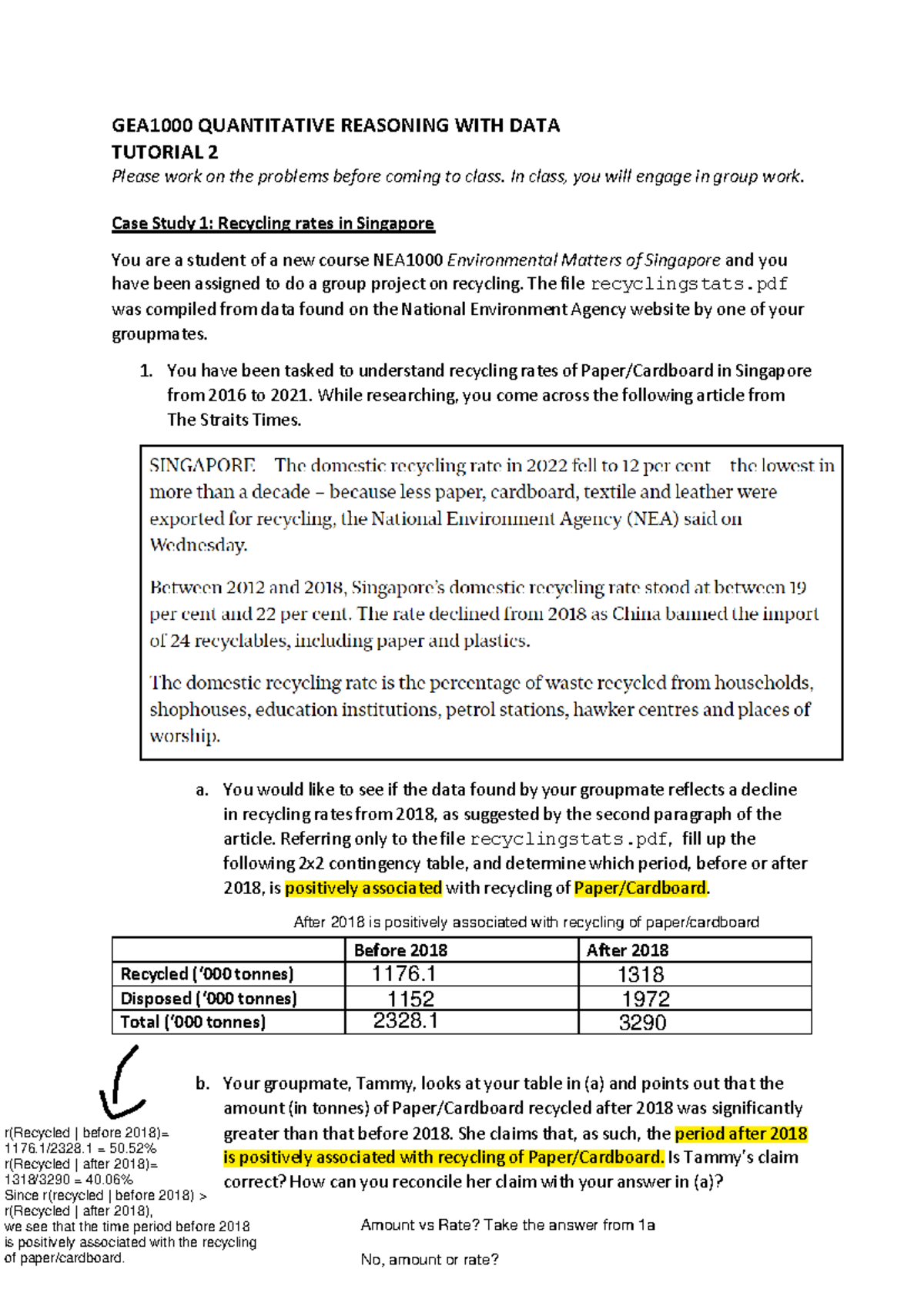 Tutorial 2 24/25 - GEA1000 QUANTITATIVE REASONING WITH DATA TUTORIAL 2 Please work on the ...