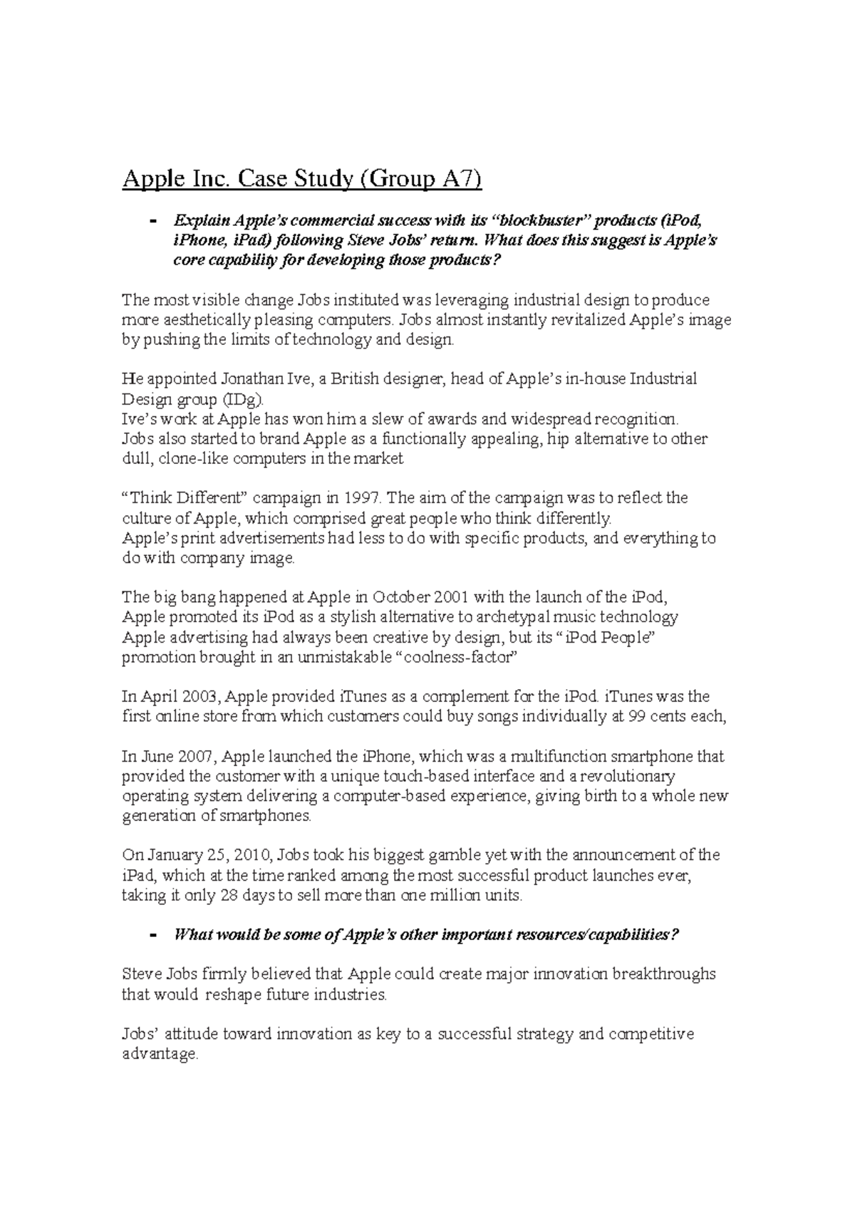 Apple Inc Memo - solutions to case study - Apple Inc. Case Study (Group ...