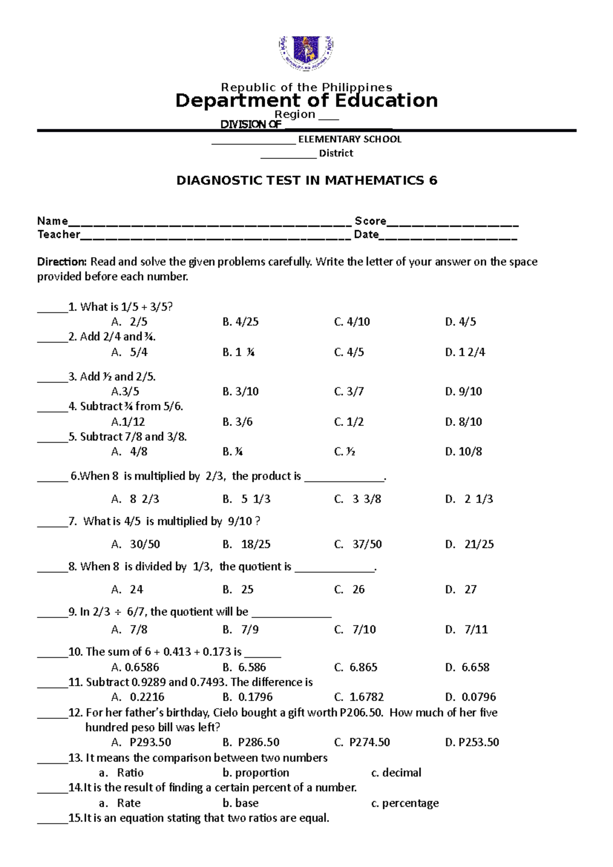 PRE-TEST Mathematics 6 - Republic of the Philippines Department of ...