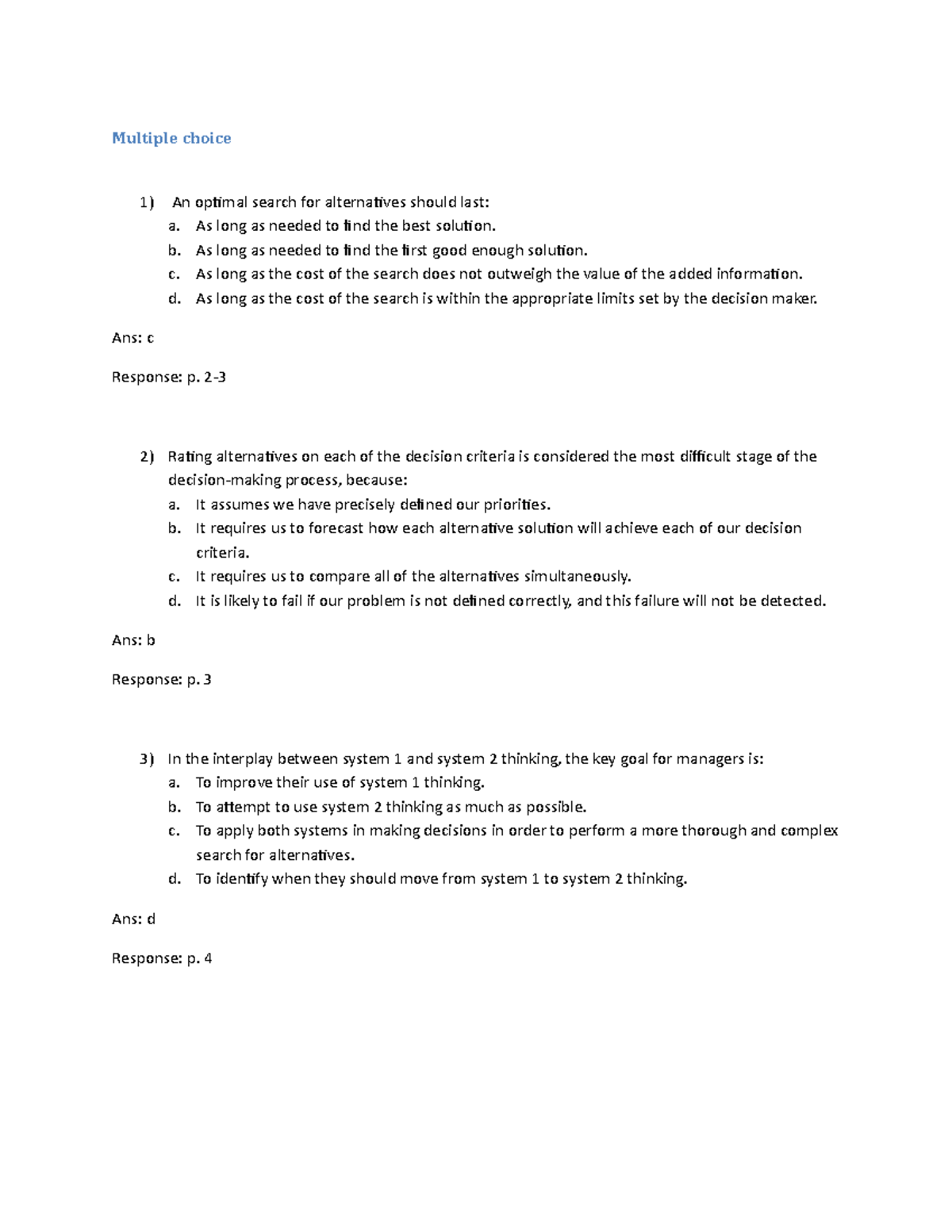 Test bank (Judgmenet in Managerial Decision Making) - Multiple choice ...