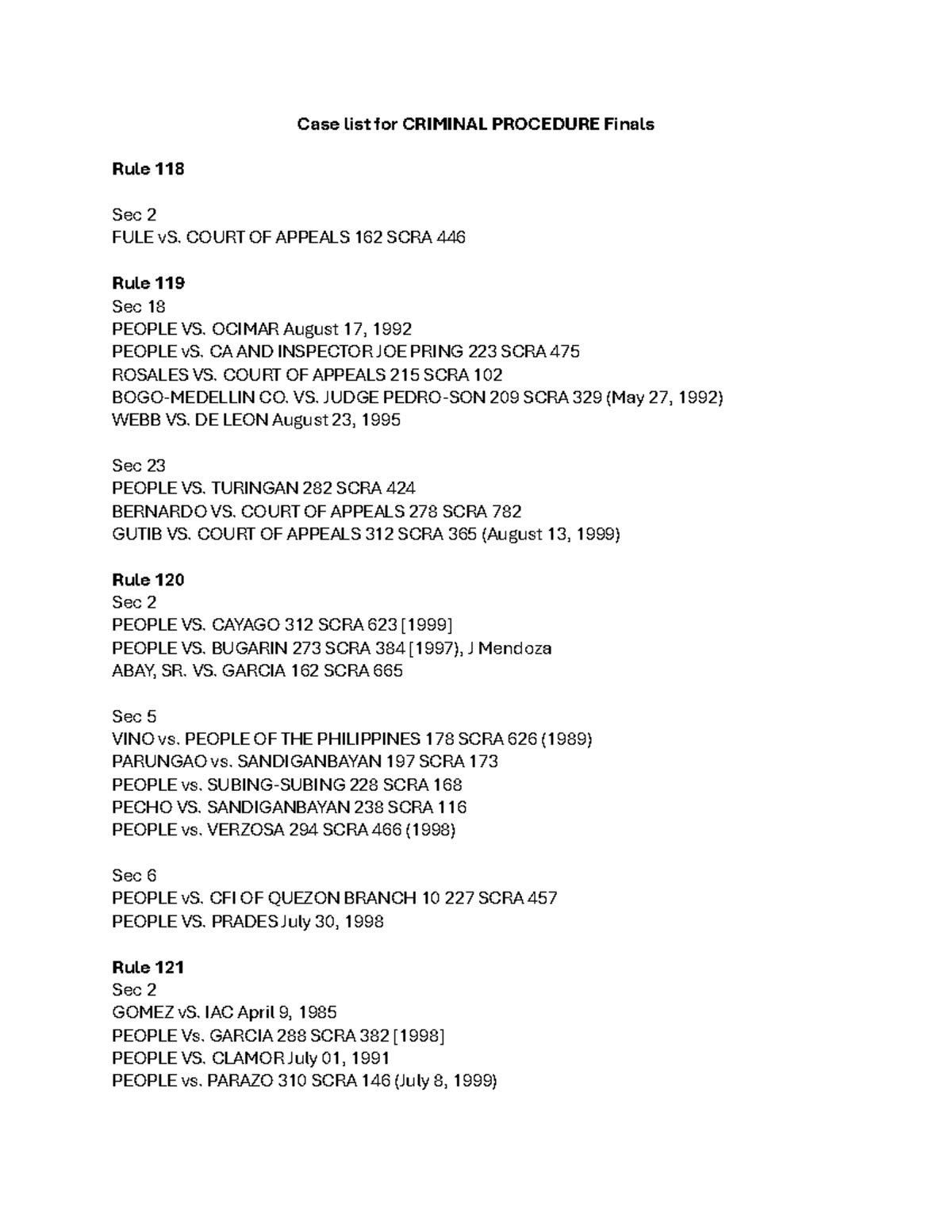 CASE LIST Finals - CASELIST for CRIMINAL PROCEDURE - Case list for ...
