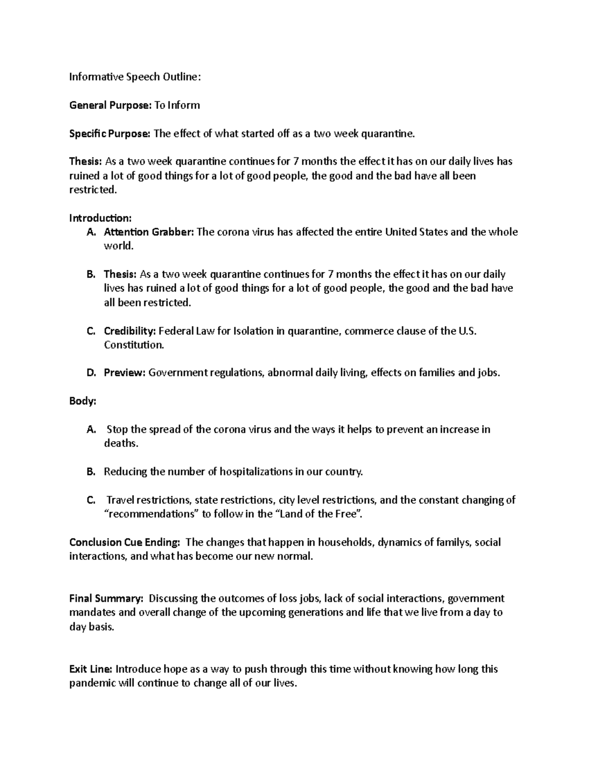 Informative Speech Outline - Informative Speech Outline: General ...