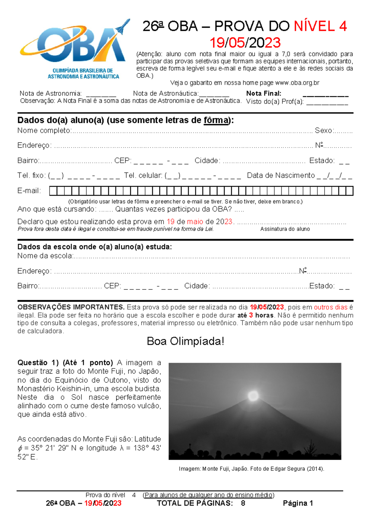 Prova nível 4 da 26 OBA de 2023 - Prova do nível 4 (Para alunos de ...
