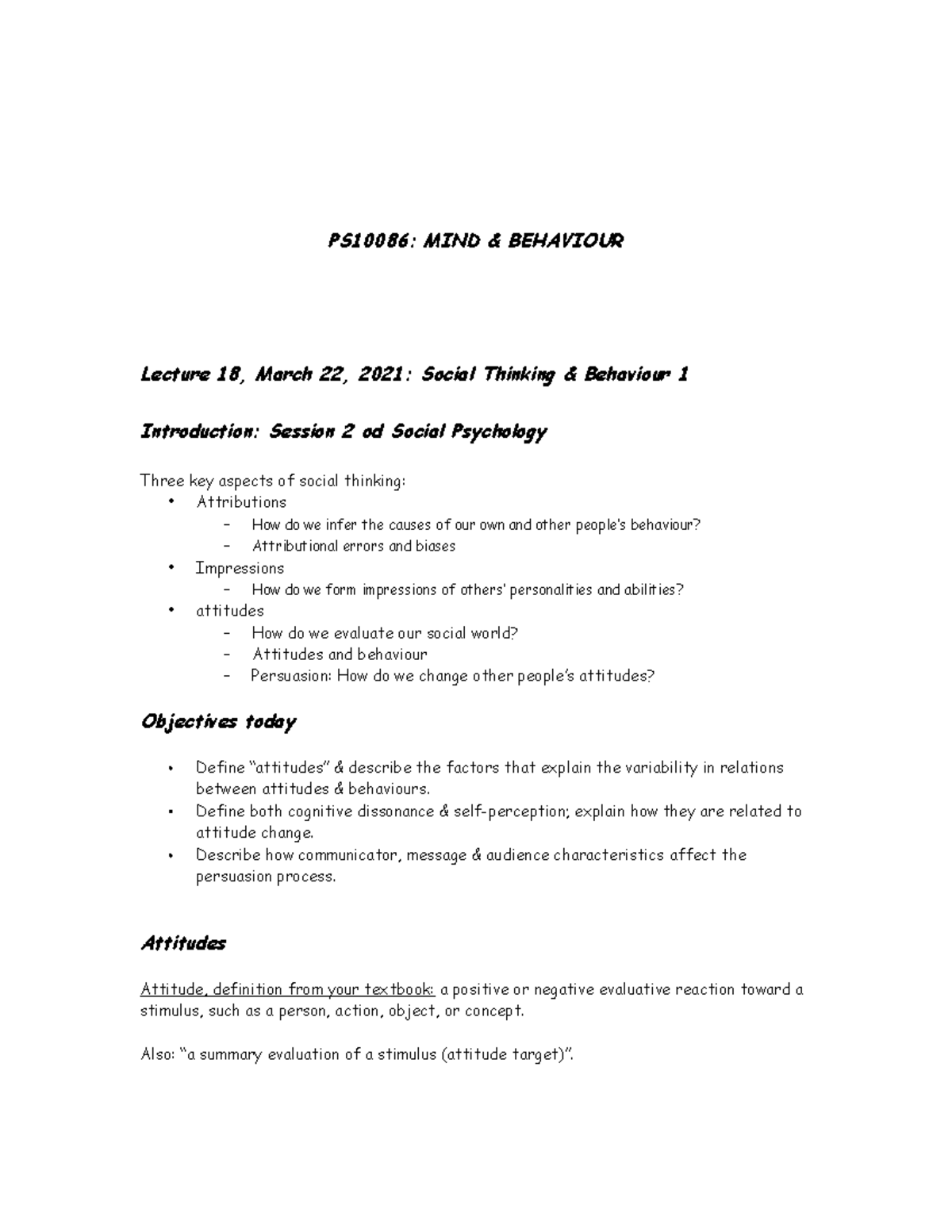 Completed handout for lecture 18b Adam- Social thinking - PS10086: MIND & BEHAVIOUR Lecture 18 ...