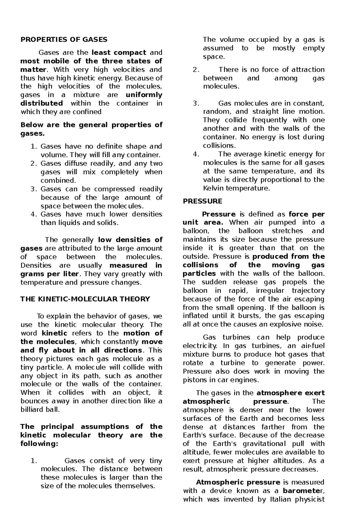 4TH Quarter Reviewer in Science 10 - PROPERTIES OF GASES Gases are the ...