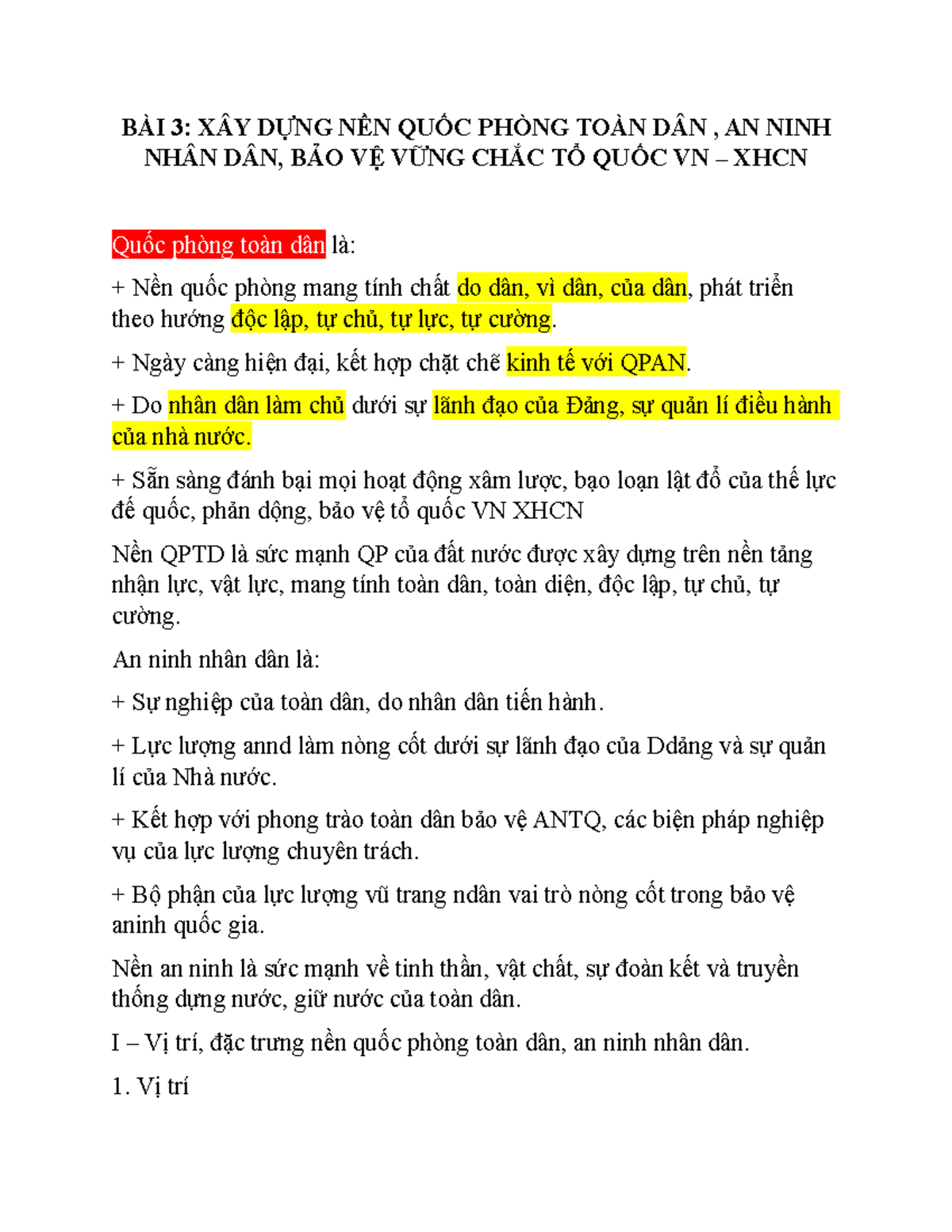 Đề cương ANQP - ddđ - BÀI 3: XÂY DỰNG NỀN QUỐC PHÒNG TOÀN DÂN , AN NINH ...