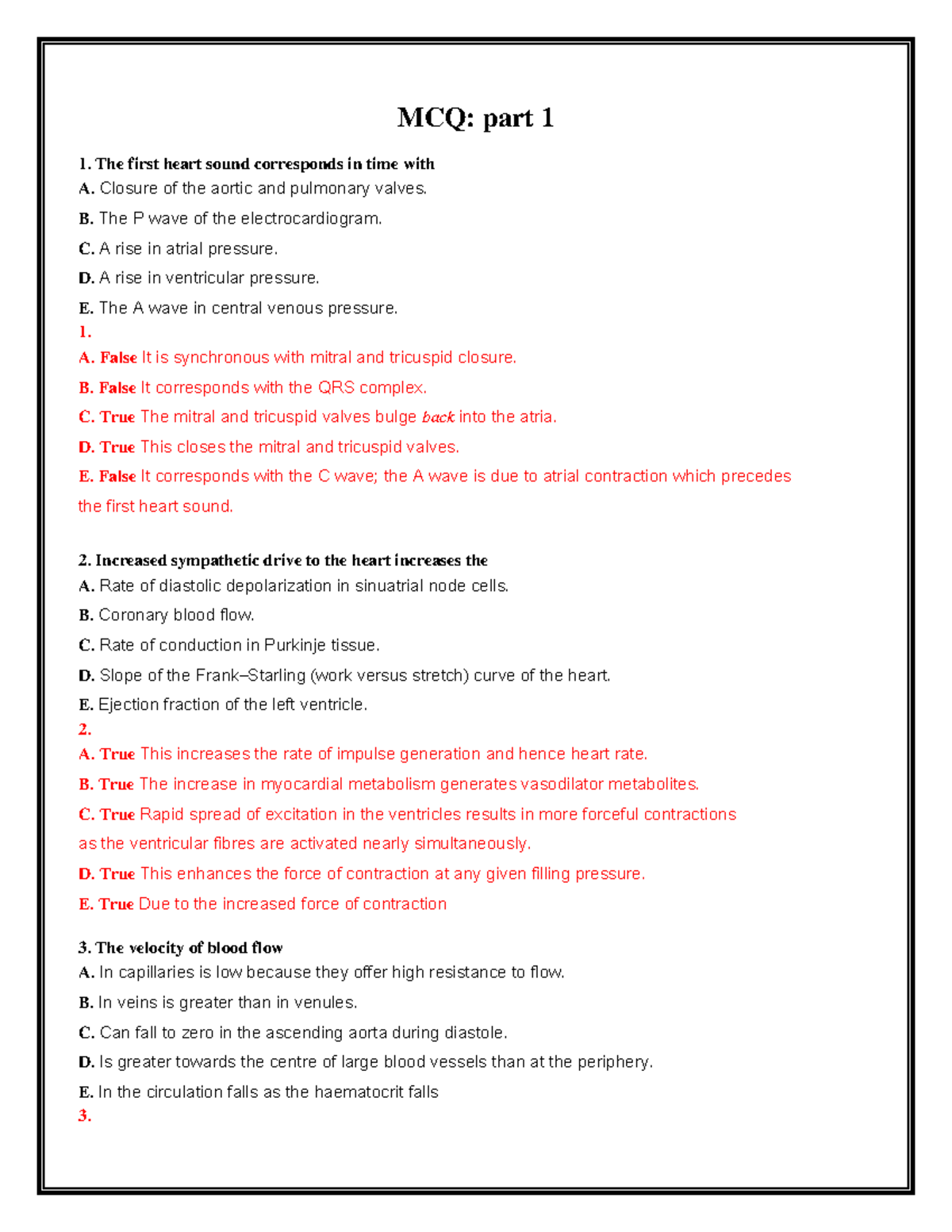 CVS Physiology final - a practice materials - MCQ: part 1 The first ...