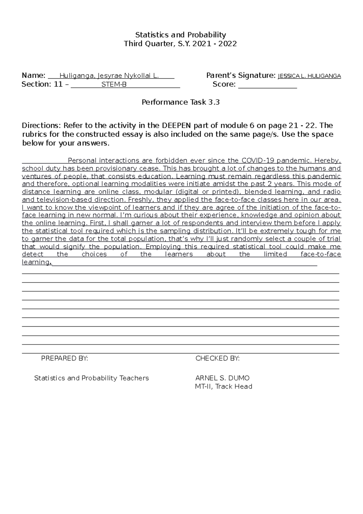 Performance-task-3 - calculation - Statistics and Probability Third Quarter, S. 2021 - 2022 Name ...