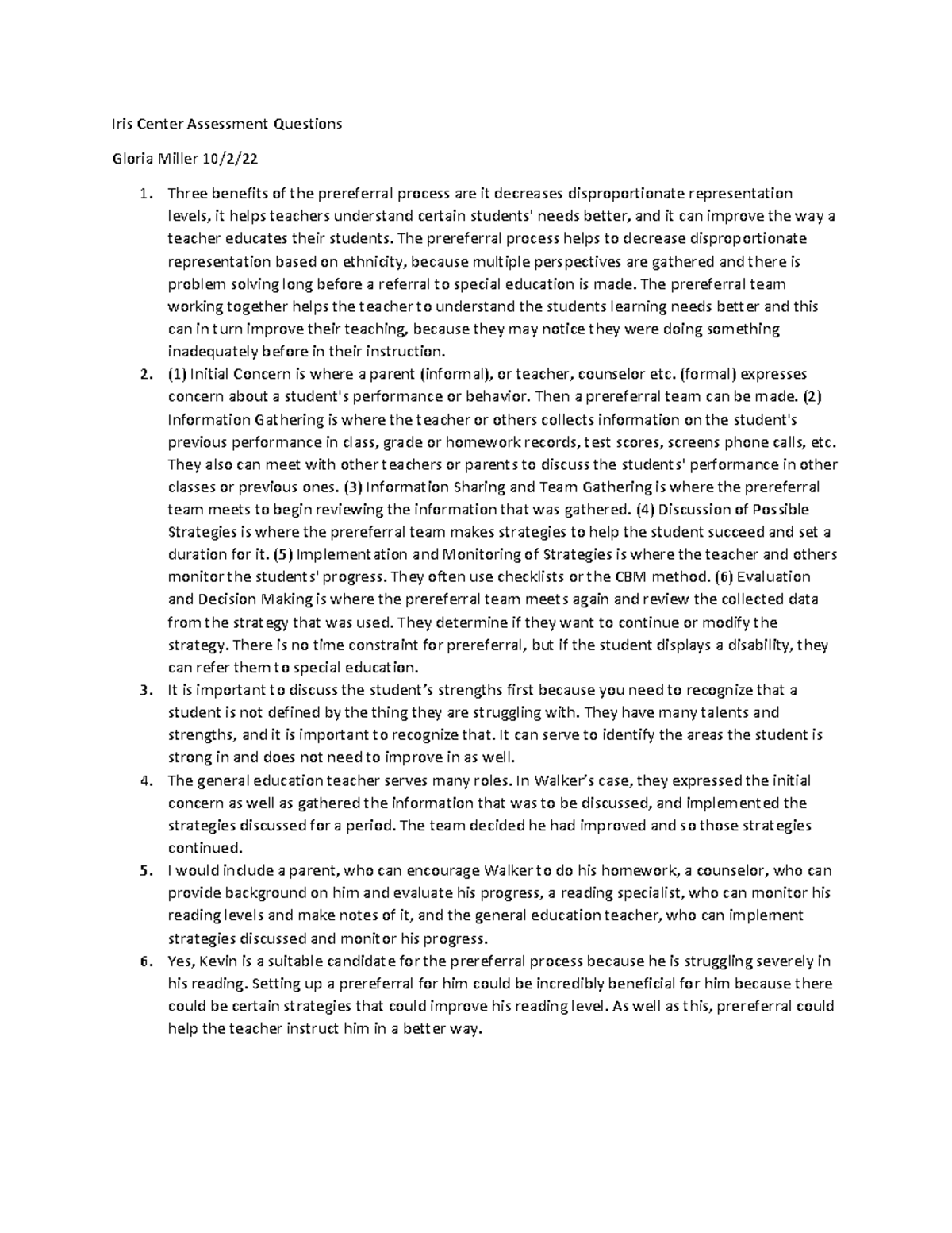 IRIS Center Project -Gloria Miller - Iris Center Assessment Questions ...